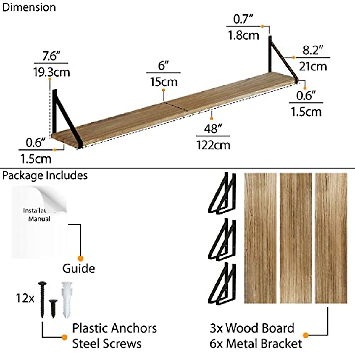 Wallniture Bora Long Floating Shelves, Wall Bookshelf Living Room Decor Book Shelves for Office, Kitchen Organization Bedroom Decor Burnt, 48"x6" Set of 3