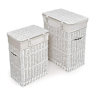 Wicker Two Laundry Hamper Set with Lids and Fabric Liners