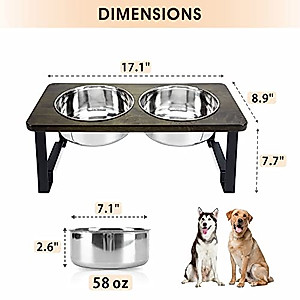 Siooko Elevated Dog Bowls for Large Dogs, Wood Raised Dog Bowl Stand with 2 Stainless Steel Dog Bowls, Dog Food Bowl and Dog Water Bowl Non-Slip Feet (7.7" Tall, 58 oz Bowl)