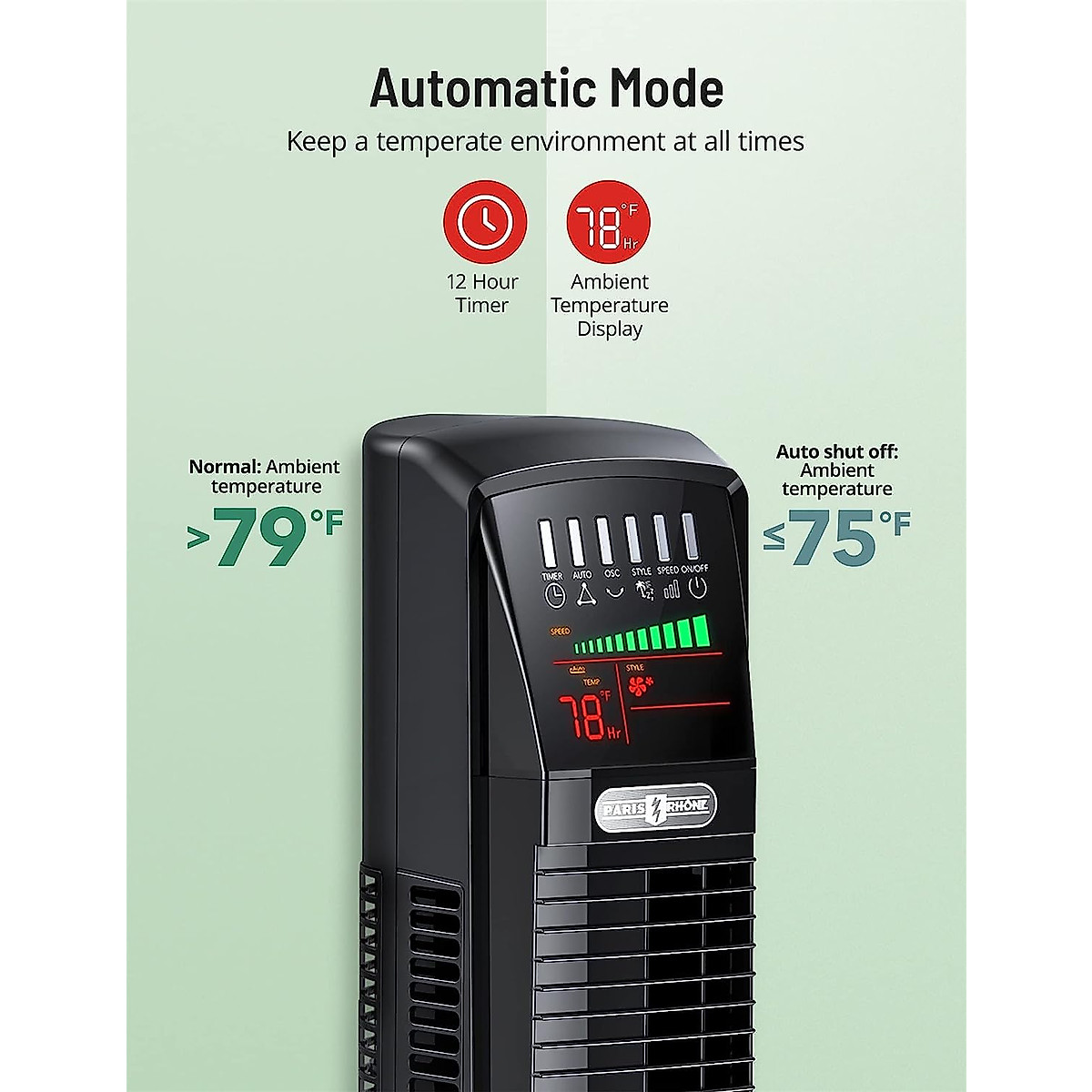 PARIS RHÔNE Tower Fan, Oscillating Quiet Cooling Fan with Remote, Digital Thermostat,12H Timer, 3 Speeds & 4 Modes, Portable Stand Up Floor Bladeless Fan for Bedroom, Living Room, Kitchen, Office