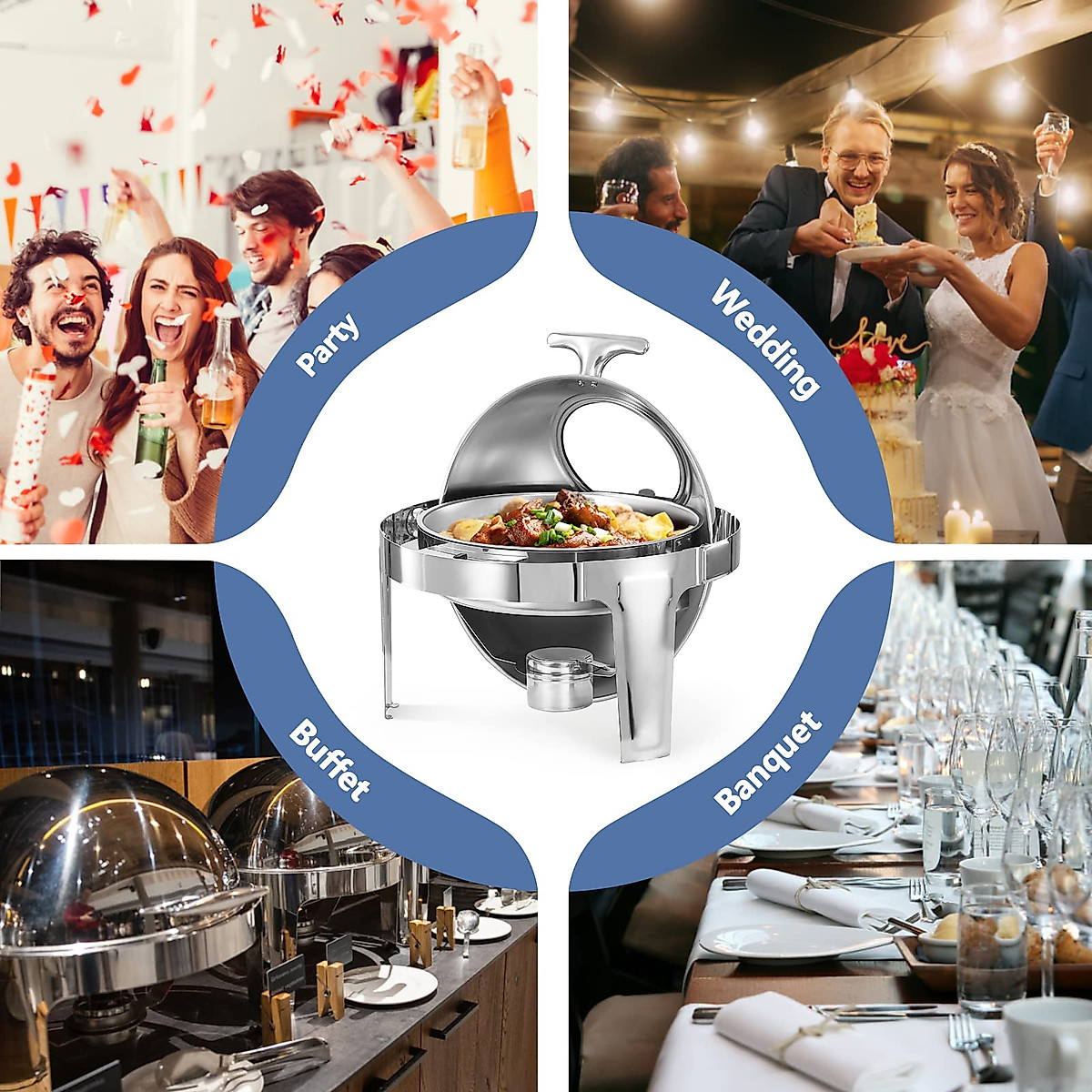 Amhier 6 Qt Roll Top Chafing Dish Buffet Set, Stainless Steel Chafing Dish with Visible Glass Window for Catering, Parties, Hotels and Weddings