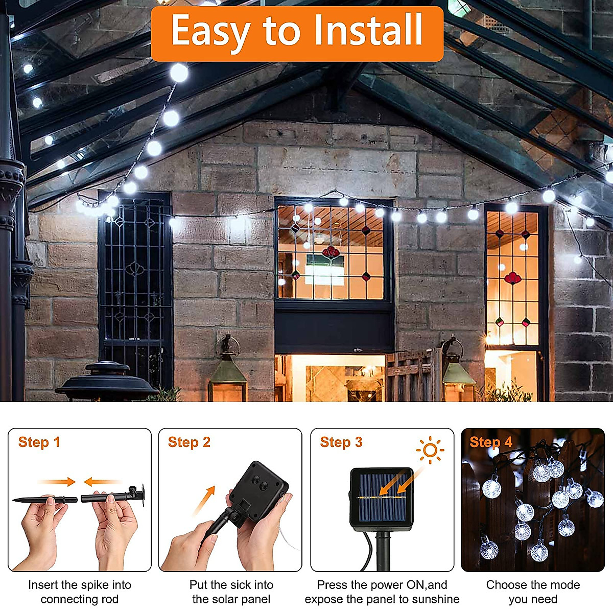 Flacchi Cool White 39 Ft 60 LED Solar String Lights Waterproof, 8 Modes Crystal Ball Lights Solar Fairy Patio Lights for Garden, Lawn, Porch, Yard, Gazebo, Bistro Xmas Decor