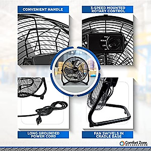 Comfort Zone CZHV14B 14” High Velocity 3-Speed Cradle Mount Floor Fan with 180-Degree Adjustable Tilt, All-Metal Construction, Carry Handle and Rubber Feet for Stability, Black