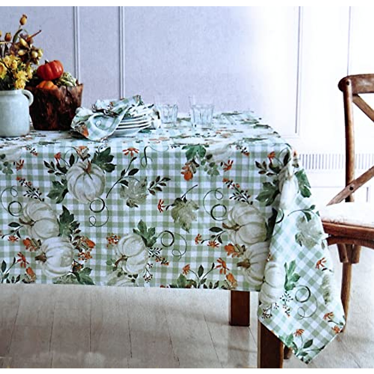 Gather Together Autumn Thanksgiving Fall White Pumpkins on Green and White Checkered Background Printed Fabric Tablecloth (60" L x 84" W)