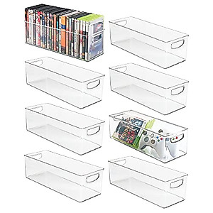 mDesign Plastic Video Game Organizer - Game Storage Holder Bin with Handles for Media Console Stand, Closet Shelf, Tower, and Bookshelves - Holds Disc, Video Games, Head Sets - 8 Pack - Clear