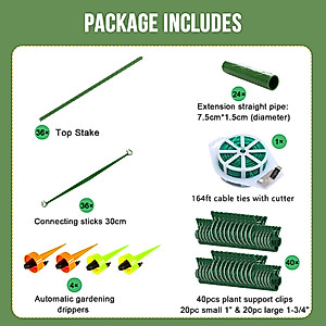 Megidok Tomato Cages - Garden Plant Stakes Support (4 Pack 49"/3 Pack 67") with 164ft Plant Ties&40Pcs Plant Clips&4 Watering Drip Devices for Climbing Plants Vegetable