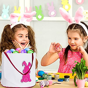 SANRUIHE Easter Basket Bunny Bags, Easter Egg Hunt Basket for Kids, Canvas Tote Candy Gifts Bags for Boys and Girls, Printed Fluffy Paillette Rabbit Bucket for Easter Decorations
