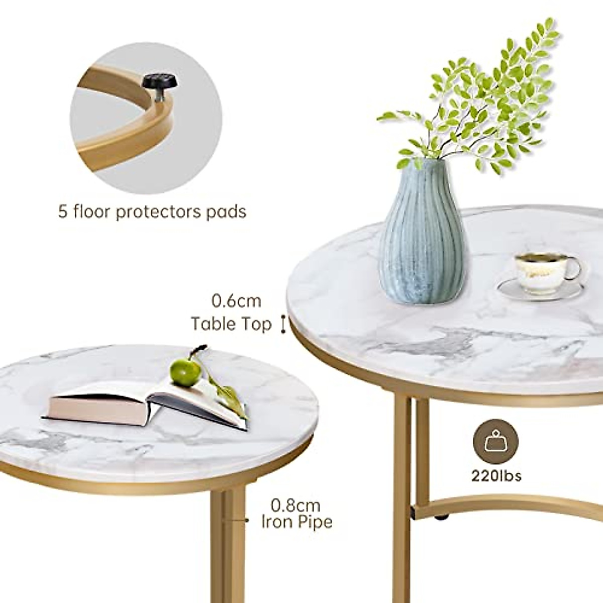 aboxoo Coffee Table Nesting White Set of 2 Side Set Golden Frame Circular and Marble Pattern Wooden Tables, Living Room Bedroom Apartment Modern Industrial Simple Nightstand