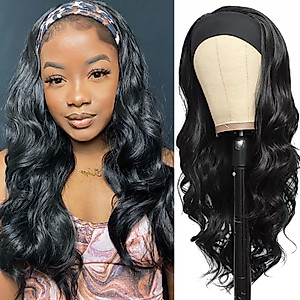 Colorful Queen Glueless Headband Wig Long Black Body Wave Headband Wigs for Black Women Synthetic Natural Looking Wavy Wig Heat Resistant 180% Density (26inch, 1B#)