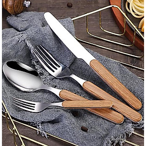 Silverware Set for 6 with Faux Wooden Handle 30-Piece Modern Stainless Steel Flatware Cutlery Set Includes Knife Fork Spoon, Eating Utensil for Home Kitchen Restaurant Mirror Polished