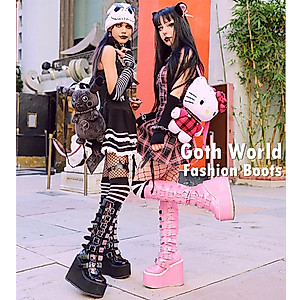 Gothniero Platform Boots Pink Goth Boots Chunky Heel Gothic Holographic Booties Knee High Women Combat Motorcycle Boots with Buckles Size 5-11
