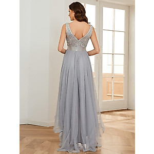 Ever-Pretty Women's Prom Dress Double V-Neck Sleeveless Empire Waist Sequin High Low Tulle Formal Dress Silver US6