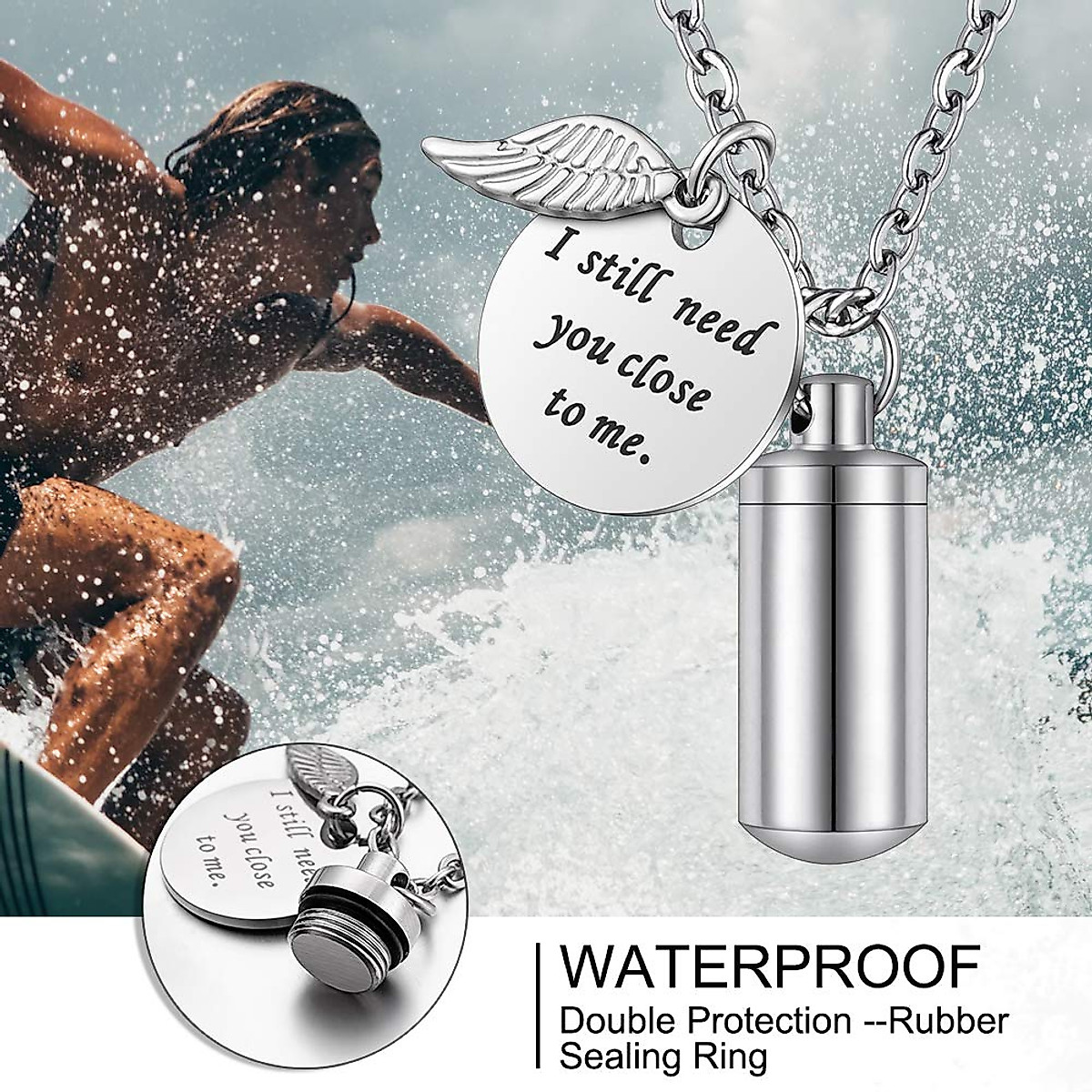 abooxiu Cylinder Urn Necklace for Ashes Cremation Jewelry/Keychain for human Pet Stainless Steel Memorial Keepsake Pendant with Angel Wing Charm Ashes Jewelry-Silver S