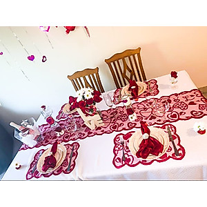Valentines Day Decorations Table Runner with 4 Placemats, 13 x 72 Inch Red Rose Romantic Lace Table Mats Set for Valentine's Day Wedding Anniversary Party Supplies Home Table Dinner Decor