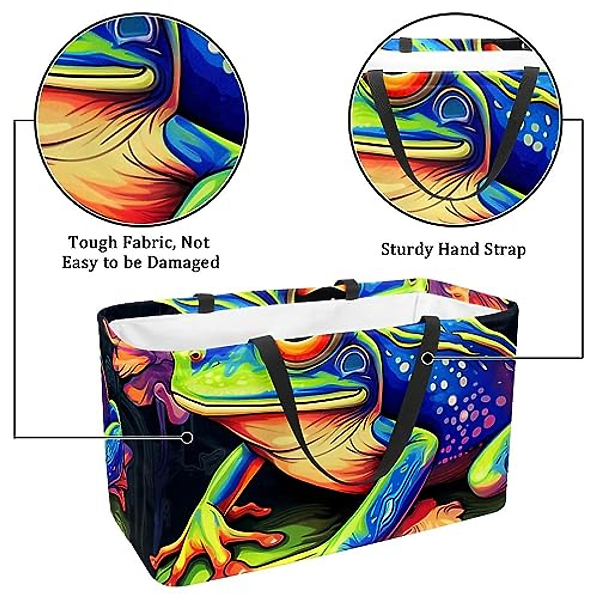 Reusable Grocery Bags Boxes Storage Basket, Red Eye Frog Pattern Collapsible Utility Tote Bags with Long Handle