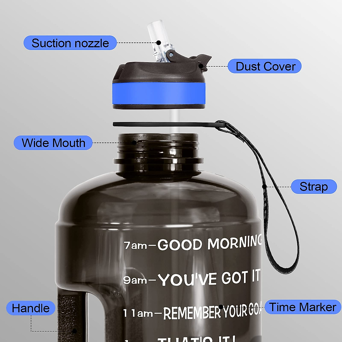 QuiFit Motivational Gallon Water Bottle - with Straw & Time Marker BPA Free Large Reusable Sport Water Jug with Handle for Fitness Outdoor Enthusiasts Leak-Proof(Black,1 gallon)