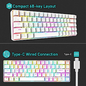 Compact 60% Mechanical Gaming Keyboard and Mouse Combo with Ergonomic Anti-ghosting 68 Key Rainbow RGB Backlight 6400DPI Honeycomb Mice Type-C Wired for PC Mac Gamer Office Typist(White/Blue Switch)