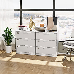 MIIIKO Lateral File Cabinet 3 Drawer, White Metal Filing Cabinet with Lock Lock for Home Office, Large Storage File Organizer for Hanging File Folders,Easy Assemble