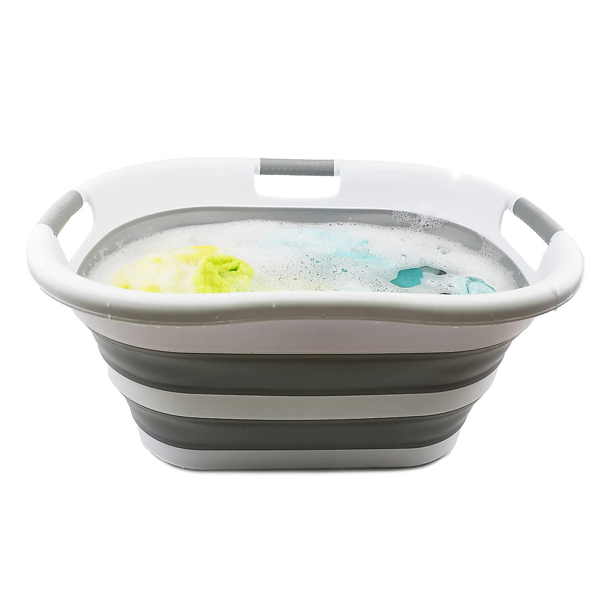 SAMMART 40L (10.5 Gallon) Collapsible Plastic Laundry Basket - Foldable Pop Up Storage Container/Organizer - Portable Washing Tub - Space Saving Hamper/Basket (1, White/Grey)
