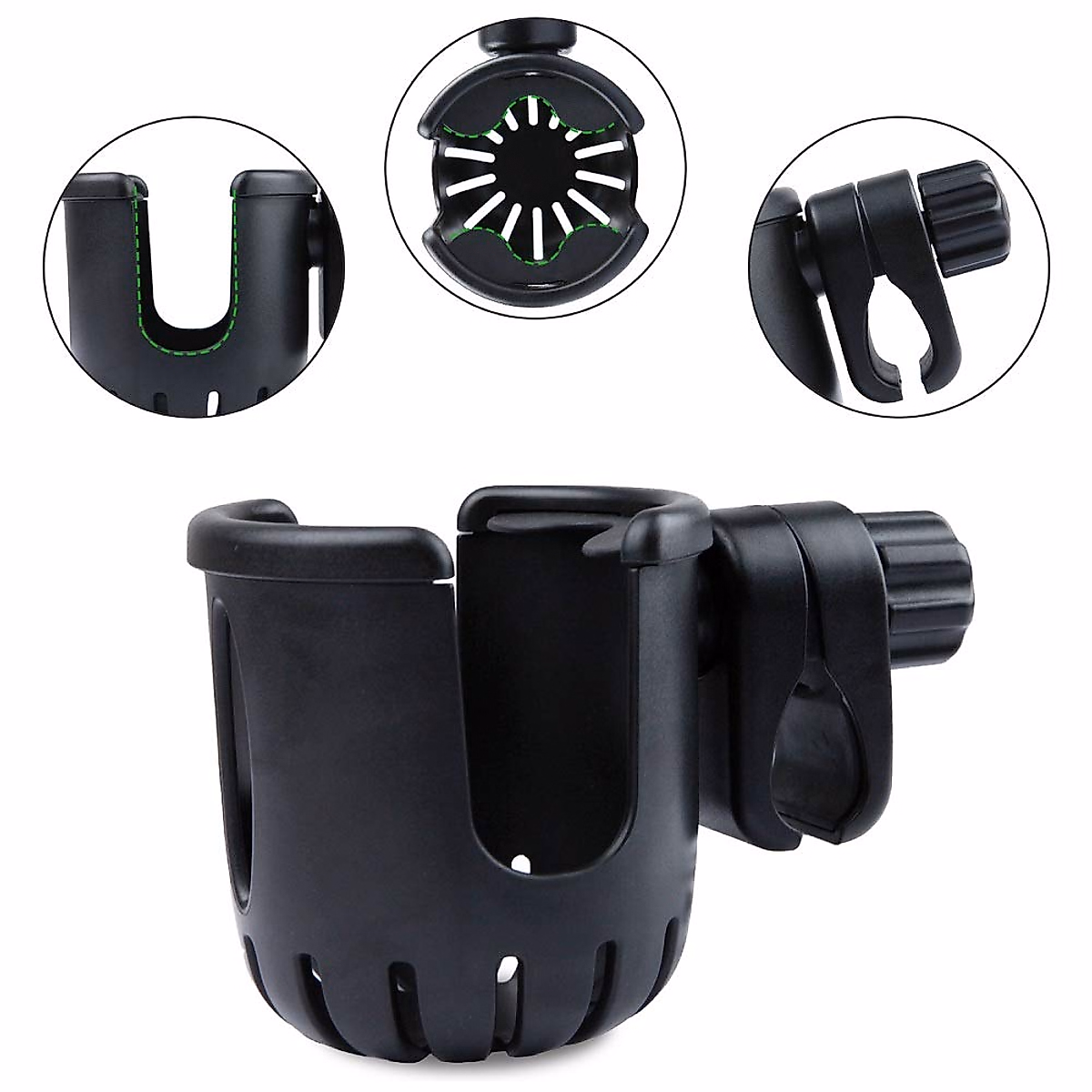 Universal Cup Holders for Bikes and Strollers, Drink Holders for Trolleys and Wheelchairs with 360-degree Rotation (Black, 1 Piece)