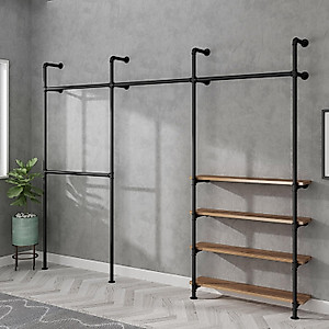 LANJIN Industrial Pipe Clothing Rack,Clothes Rack for Wardrobe, Bedroom and As Walk-in Closet System.Sturdy Clothing Racks for Hanging Clothes,Wall Mounted Heavy Duty Clothes Rack,Black E