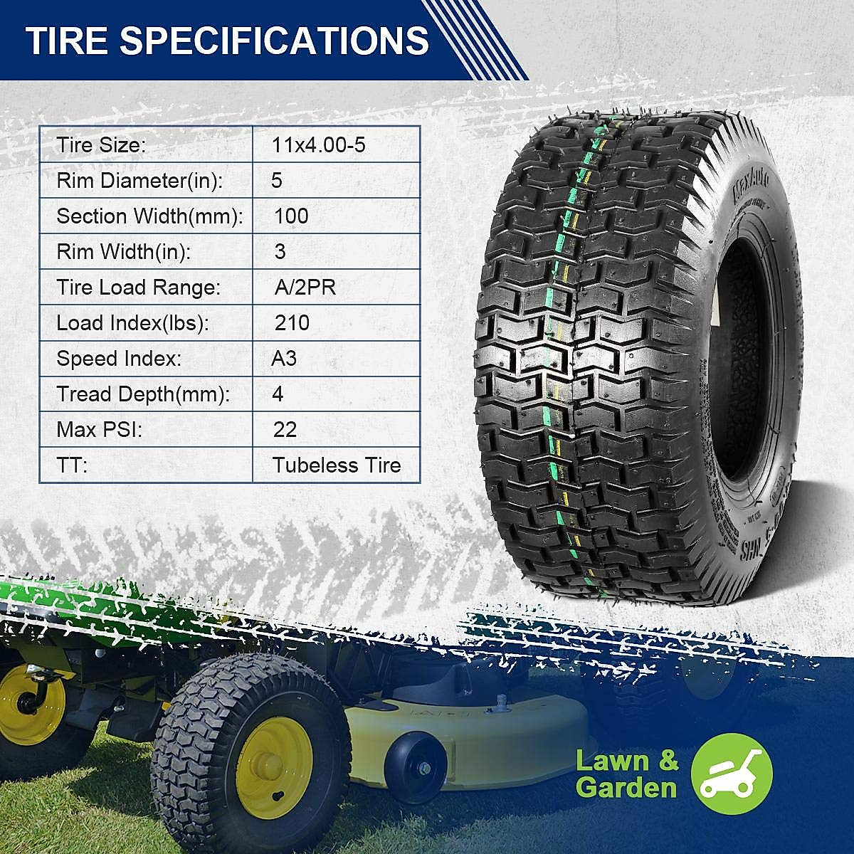 MaxAuto 2 Pcs 11x4X5 11x4.00-5 Turf Tire for Lawn & Garden Golf Cart Mower, P512 LRA