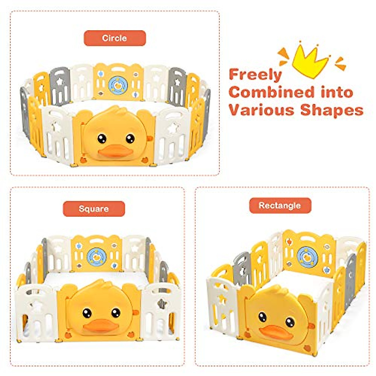 HONEY JOY Baby Play Yard, 16 Panel Psyduck Foldable Baby Gate Playpen, Anti-Slip Rubber Base & Suction, Indoor Safety Baby Fence for The House, Extra Large Anti-Fall Play Pen for Toddler