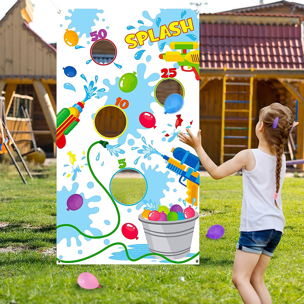 Toss Game Banner for Water Balloons, 4 Score Holes Shooter Target for Water Gun, Swimming Pool Fun Addition Toy for Throwing Water Bomb, Summer Splash Fun for Kids Adults, Pool Party Supplies