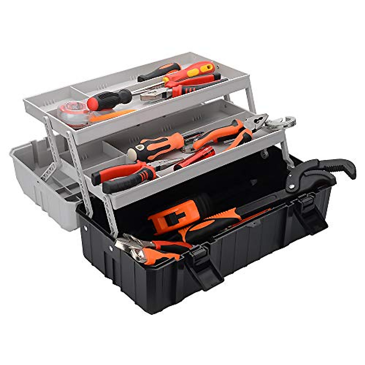 17-Inch Plastic Storage Toolbox, GANCHUN 3-Layer Portable Tool Box, Hobby or Craft Storage Toolbox, Multiplication Tool Organizer for Home Tools, Nails and Pins, Black-Grey