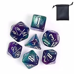 KSNDie Polyhedral DND Dice Set for Dungeon and Dragons, 7-Die D&D Dice Sets for RPG Role Playing Games,d and d, Purple Mix Blue Green Nebula Dice