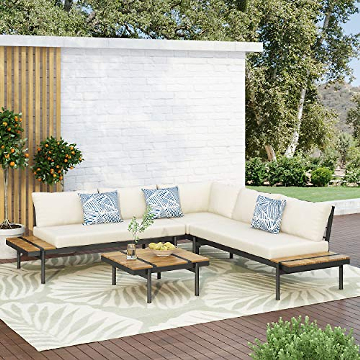 Christopher Knight Home Theo Outdoor Conversation Sets, Cream + Black Metal + Teak