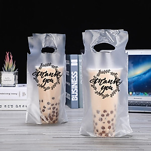 Kisston 1000 Pcs Drink Carrier for Delivery, Plastic Drinking Carrier Bags Thank You Clear Handle Drink Poly Bags Drink Bags Bulk Cup Carrier for Coffee Tea Beverage Juice (Hold 1 Cup)