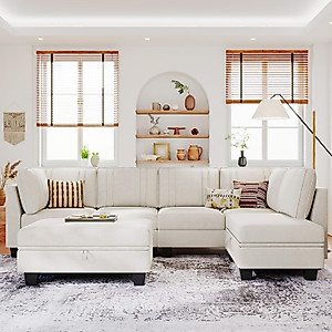 Belffin Velvet Sectional Sofa with Storage Ottoman Cream L Shaped Couch Sofa Convertible L-Shaped Sofa Beige