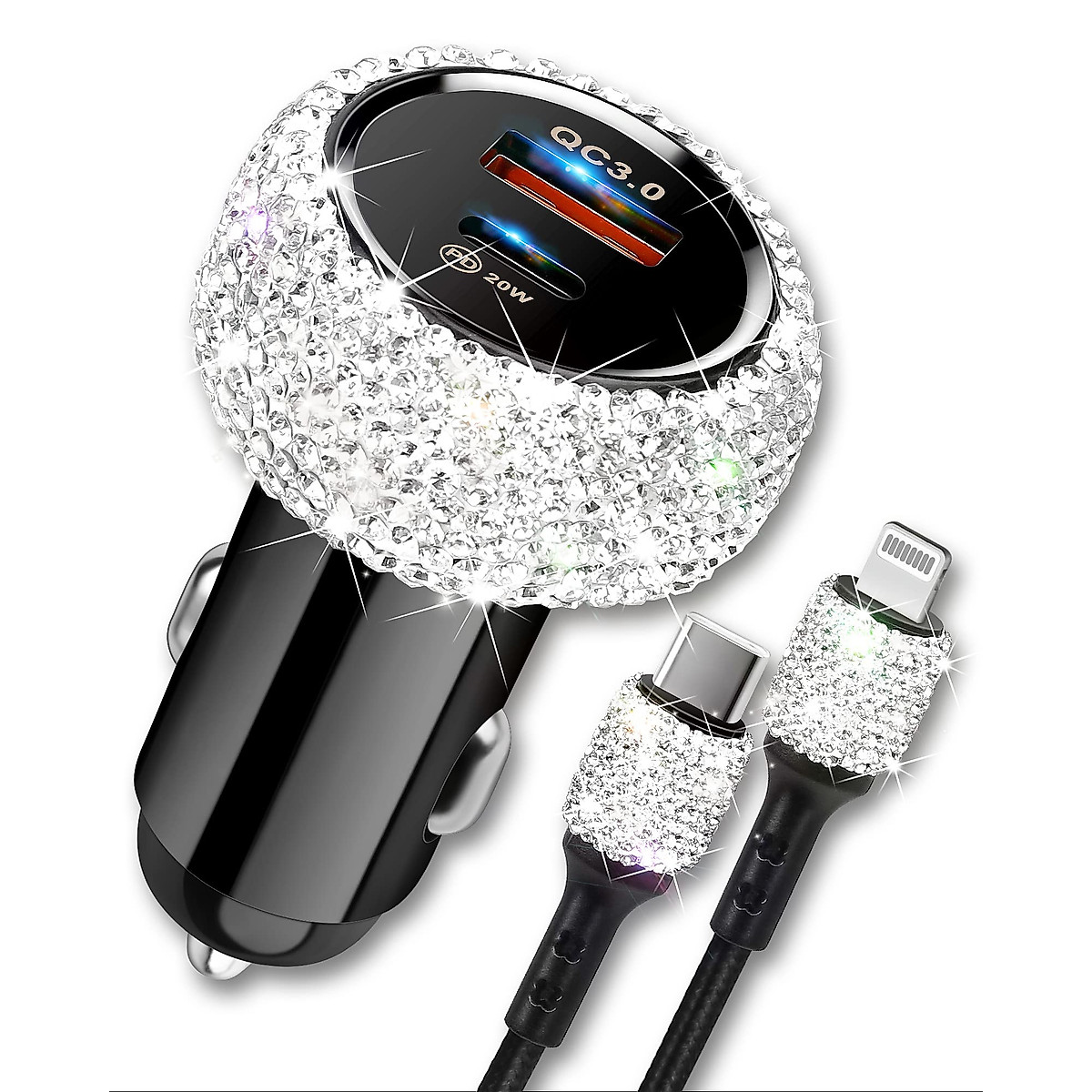 Bling iPhone Fast Car Charger, 20W USB C Car Charger [Apple MFi Certified] PD + QC Dual Port Fast Charging Adapter with 3.2FT Type-C to Lightning Cable for iPhone 14 13 12 Pro Max
