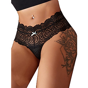 SHENHE Women's Sexy Lace Sheer Panty Lingerie Low Rise Underwear Bow Decor Brief Panties Sheer Black L