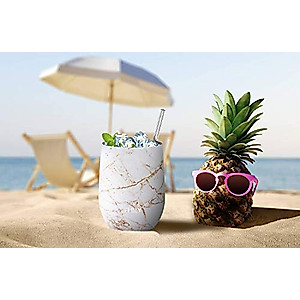 THILY Stainless Steel Insulated Wine Tumblers 12 oz Cute Travel Stemless Glasses with Sliding Lids and Metal Straws, Keep Hot or Cold for Wine, Coffee, Juice, 2 Pack(Gold Marble + Blue Marble)