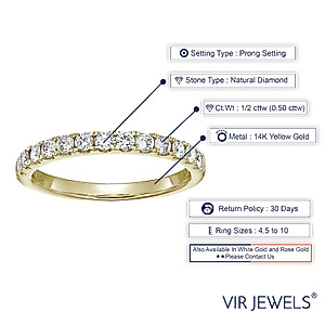 Vir Jewels 1/2 carat (ctw) Diamond Wedding Anniversary Band for Women, Half Eternity Round Diamond Engagement Ring 14K Yellow Gold Prong Pave Set 0.50 cttw, Size 6