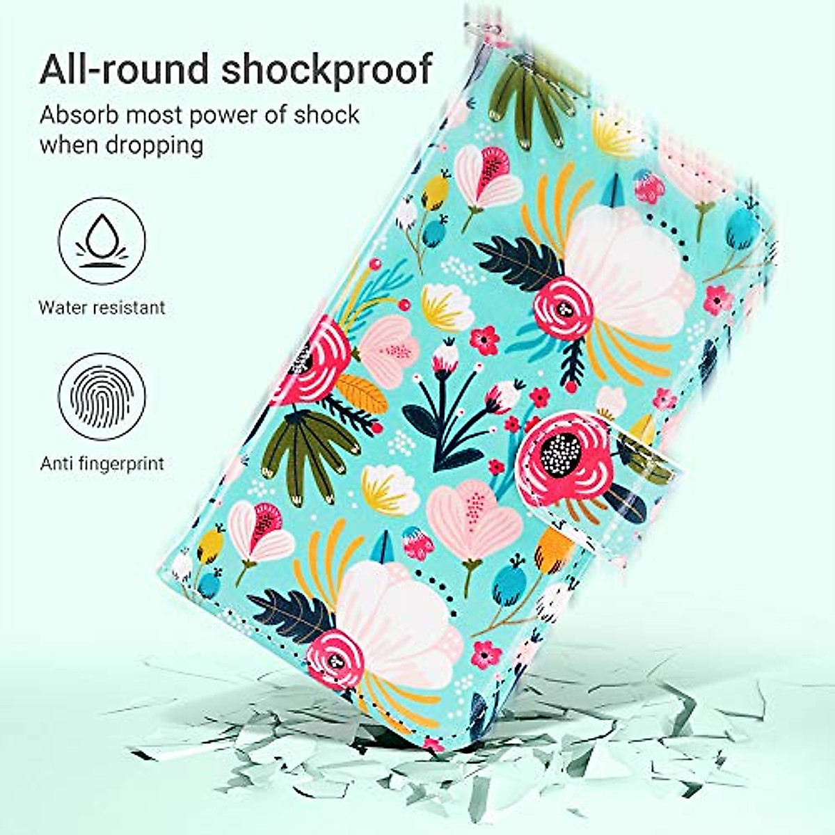 ULAK Compatible with iPhone 12 Mini Wallet Case with Card Holders for Women, Designed PU Leather Flip Wallet with Kickstand Card Slot, Protective Phone Cover for iPhone 12 Mini, 5.4inch, Mint Flower