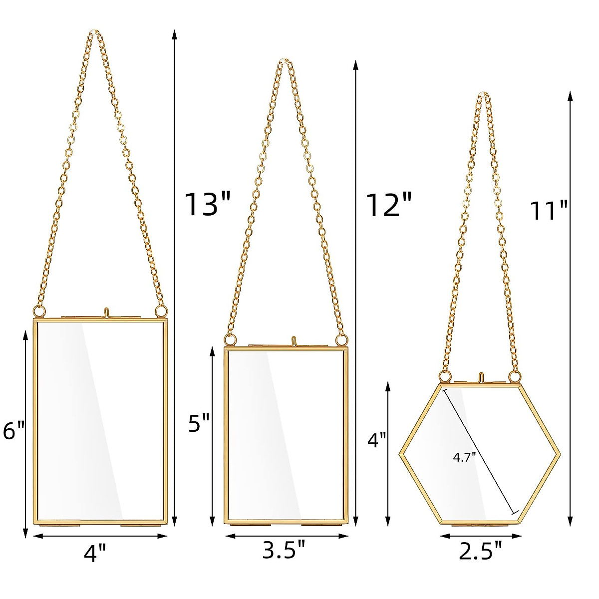 AVLA 3 Pack Pressed Flowers Glass Frames, Brass Hanging Picture Frames with Chain, Small Golden Floating Photo Frame, Clear DIY Artwork Display Frame for Wall Decor, Dried Plant Specimen