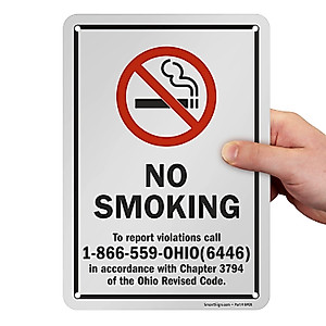 SmartSign 10 x 7 inch “No Smoking - to Report Violations Call 1-866-559-Ohio(6446) in Accordance with Chapter 3794” Ohio State Sign, Digital Printing, 55 mil HDPE Plastic, Red, Black and White