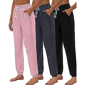 Ficerd 3 Pcs Women's Joggers Pants Casual Soft Sweatpants Lounge Pants High Waisted Athletic Joggers with Pockets (Black, Dark Gray, Pink,Small)