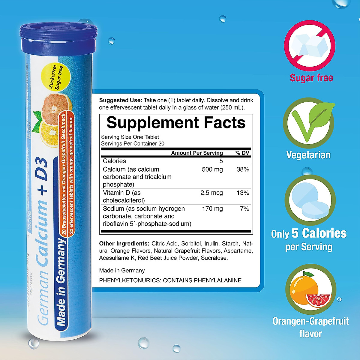 German Calcium + VIT. D - 240 Vegetarian Drink Effervescent Tablets - Orange-Grapefruit Flavor - Made in Germany