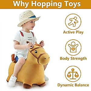 iPlay, iLearn Bouncy Pals Hopping Horse, Toddler Girl Boy Inflatable Bouncing Animal Hopper Toy, Outdoor Indoor Plush Ride on Bouncer, Baby Birthday Gift 18 Month 2 3 4 Year Old Kid - Horse