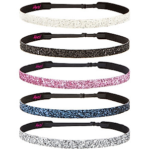 Hipsy 5pk Women's Adjustable NO SLIP Skinny Bling Glitter Headband Multi Gift Pack (Silver/Navy/L. Pink/Black/White)