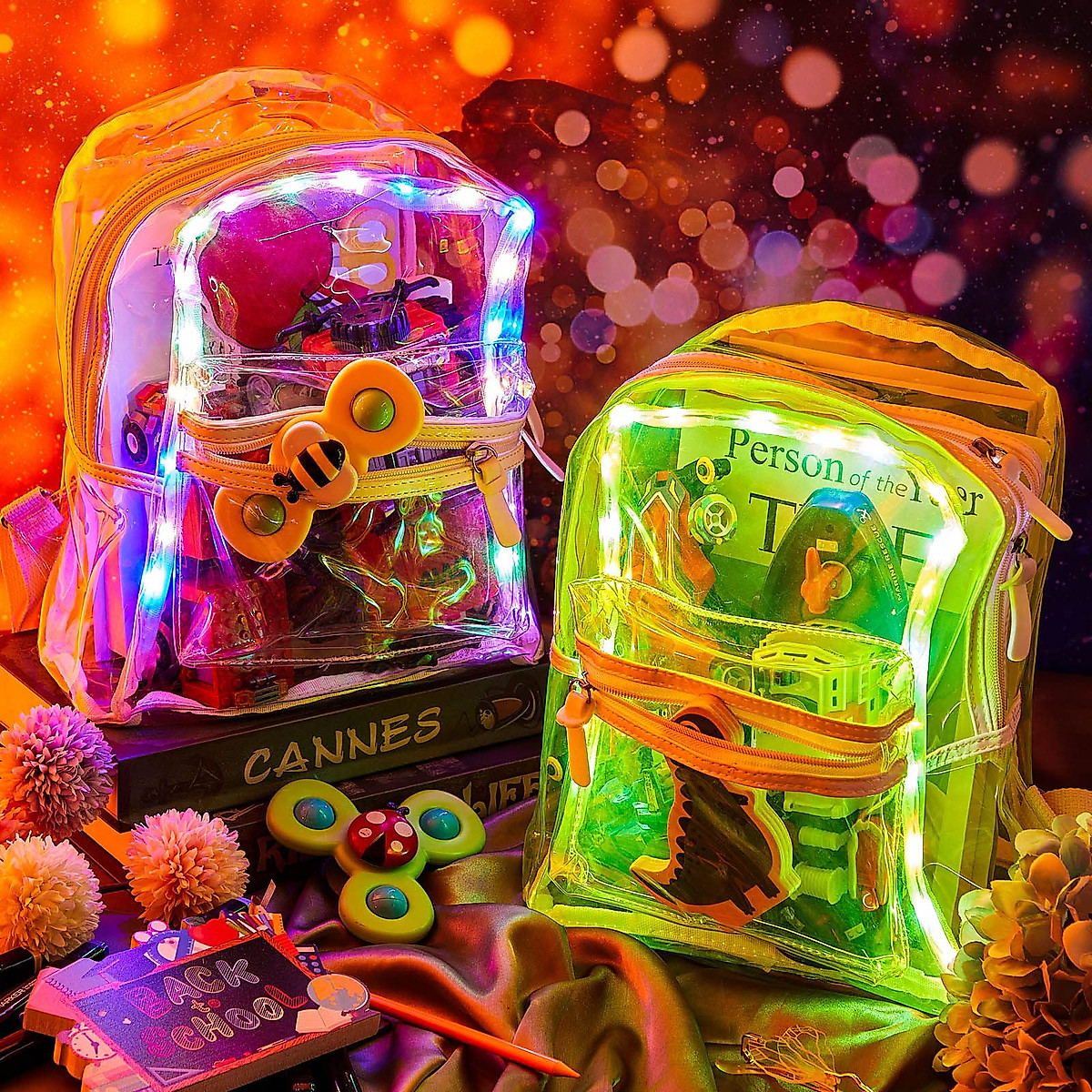 2 Pcs Clear Backpack Glowing Backpack LED Backpack Glow Clear Book Bag Rave Accessories Transparent Waterproof Backpack for Women Men Kids Girls Festival Halloween Party Music Festivals School Sport