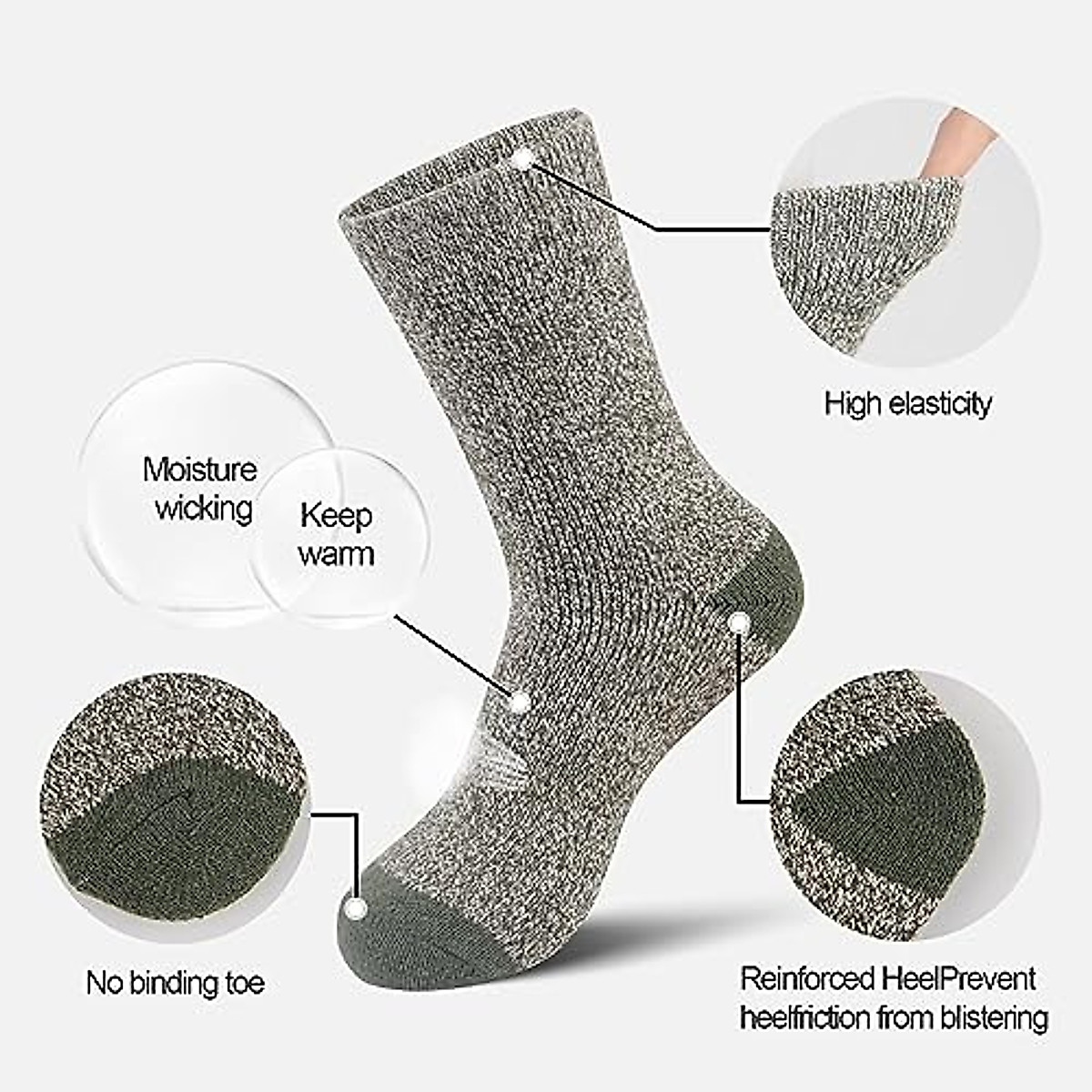 EXCELLENT THERMAL Merino Wool Socks Men, Winter Soft Thick Warm Socks for Men, Cozy Crew Hiking Socks Size 7-13(5 Pairs)