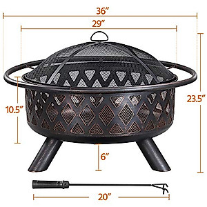 Topeakmart 36'' Outdoor Fire Pit Round Steel Firepit with Mesh Screen Poker Rain Cover for Backyard Garden Camping Bonfire Patio Bench, Bronze