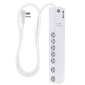GE Pro 7-Outlet Surge Protector, 3ft. Power Cord, Twist-to-Lock Safety Covers, White, 34768