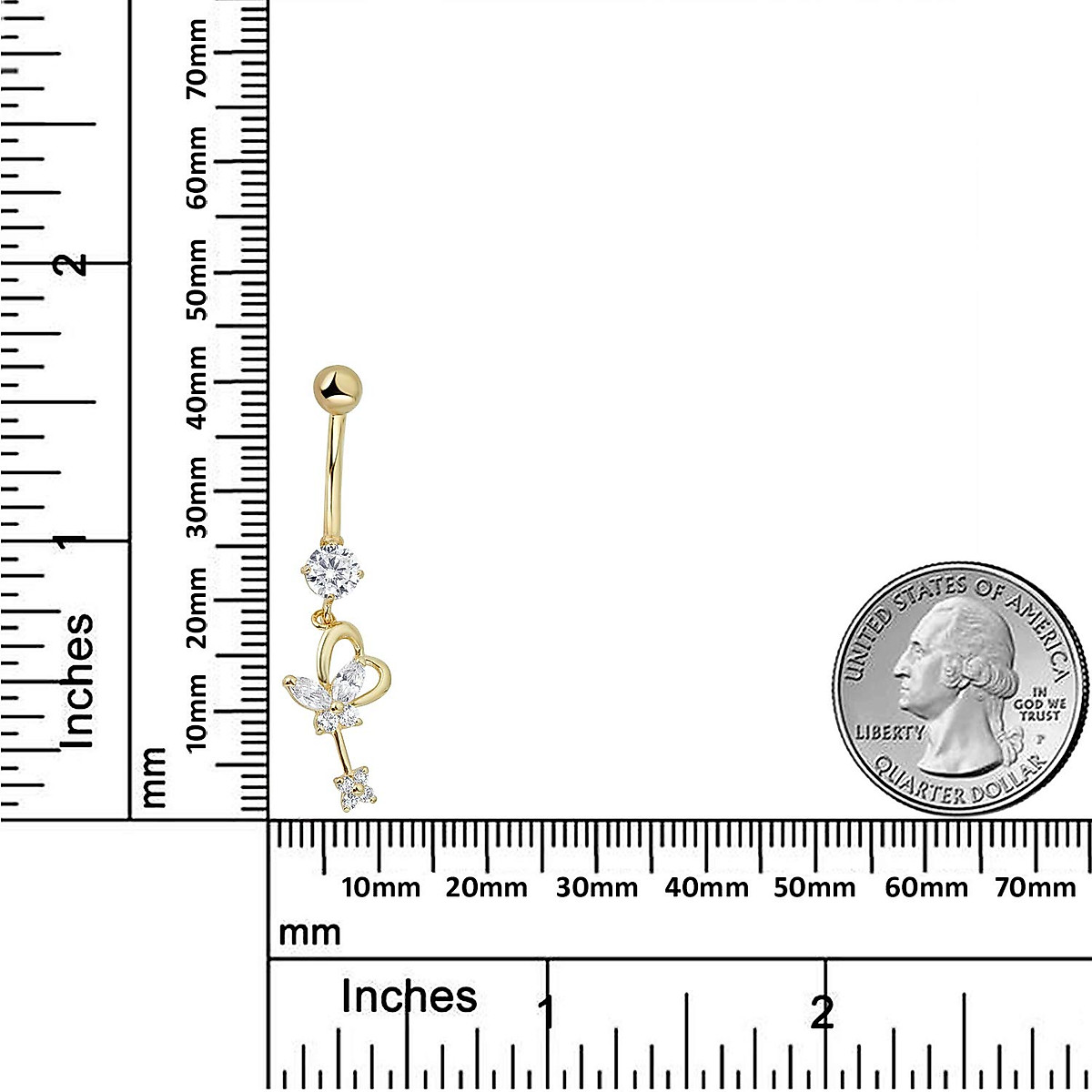 AVORA 10K Yellow Gold Simulated Diamond CZ Dangling Heart Butterfly Belly Button Ring Body Jewelry (14 Gauge)