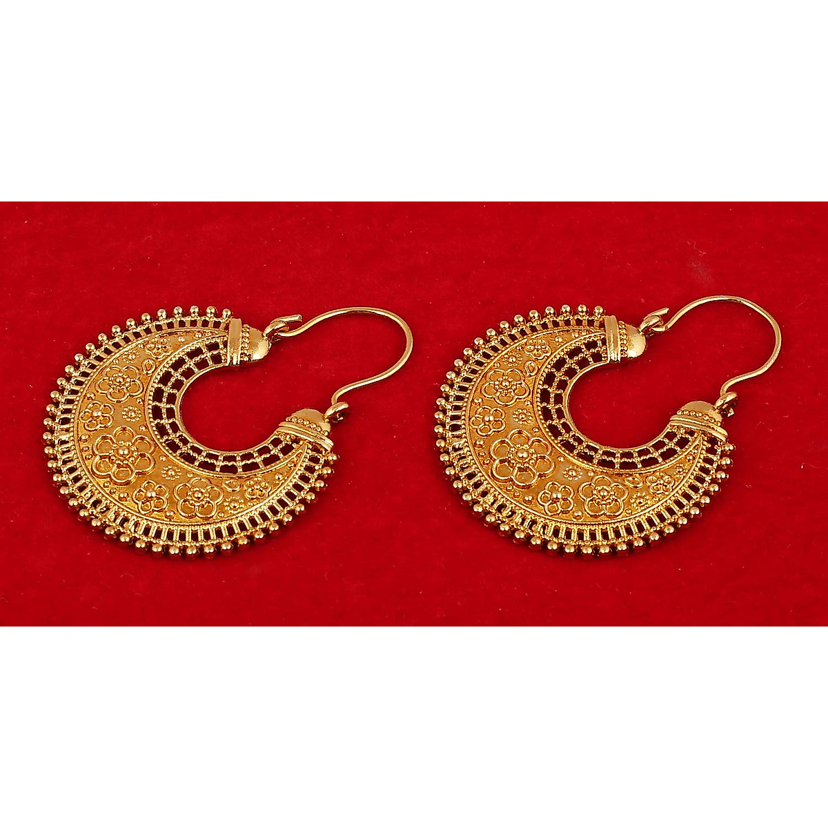Touchstone Indian bollywood pretty fringes and floral theme ethnic south Indian chandbali moon bridal designer jewelry chandelier earrings for women in antique gold tone.